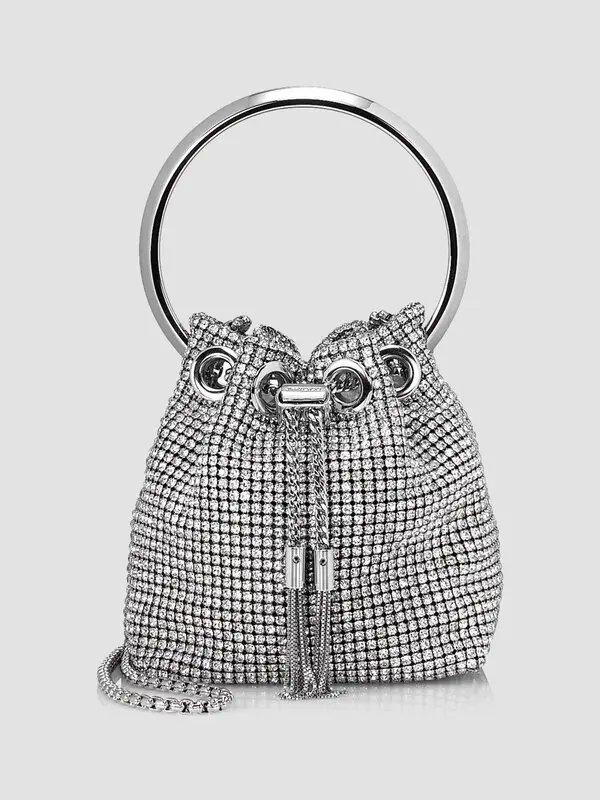 JIMMY CHOO Bon Bon Crystal Mesh Bucket Bag - Silver