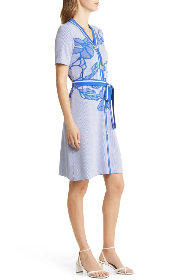 Ming Wang Floral Belted Knit Dress