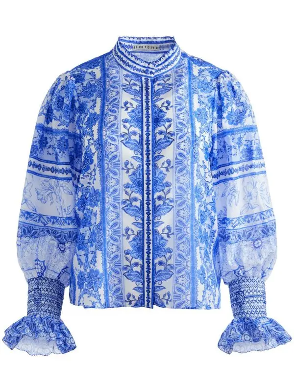 Alice + Olivia Ilan Smocked Tile-print Blouse