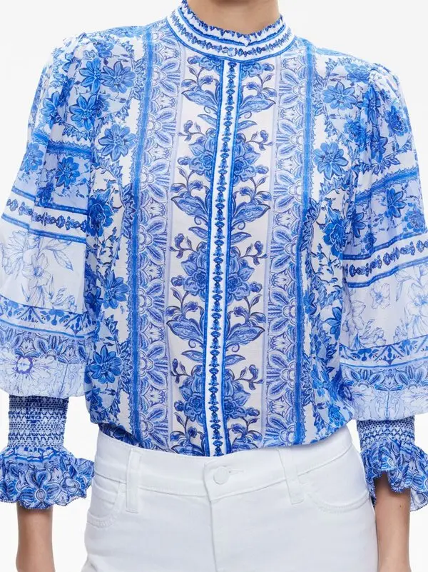 Alice + Olivia Ilan Smocked Tile-print Blouse