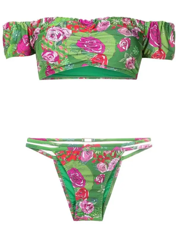 AMIR SLAMA Floral Print Off-shoulder Bikini - Green