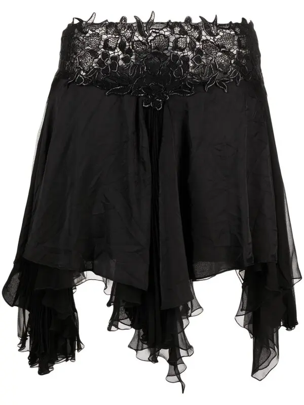 Versace Silk Floral Lace Appliqué Asymmetric Hem Skirt - Black