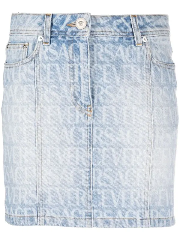 Versace Allover Logo Denim Miniskirt - Blue