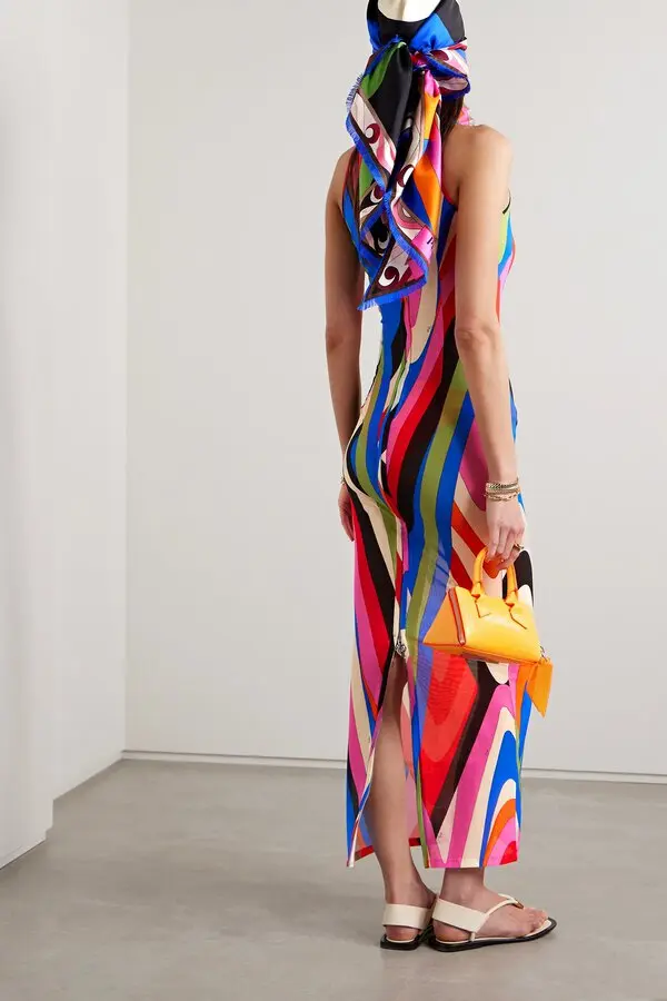 emilio pucci midi dress Emilio Pucci Ruffled Printed Stretch-Mesh Midi Dress In Red - 30% Off