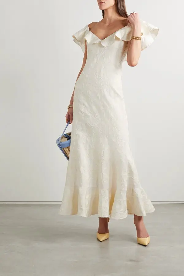 Agua Bendita Net Sustain Izote Flora Off-The-Shoulder Ruffled Embroidered Linen  Maxi Dress In White - 60% Off | Editorialist