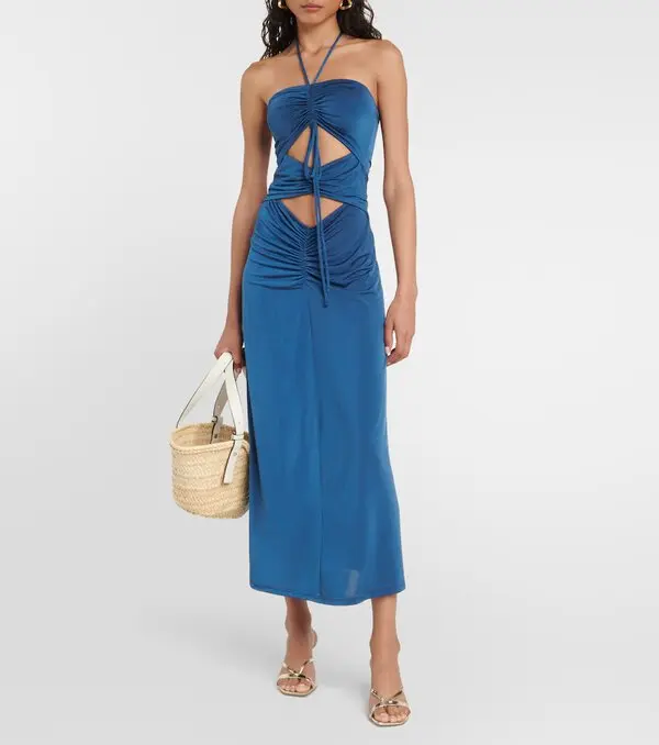 kirra halterneck long dress Innovare Denim Kira Halter Neck Flower Split Maxi Dress In Apricot, S