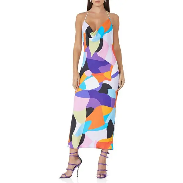 chinese dress ladies Multicolor Color Block Pleated Halter Neck Backless Maxi Dress – Urbanheer main image 1
