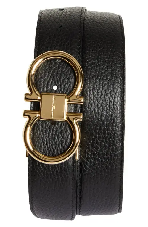 FERRAGAMO Reversible Double Gancini Leather Belt - Nero Cocoa Brown