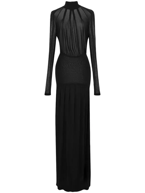 Saint Laurent Sheer Long-Sleeve Gown Dress - Black | Editorialist