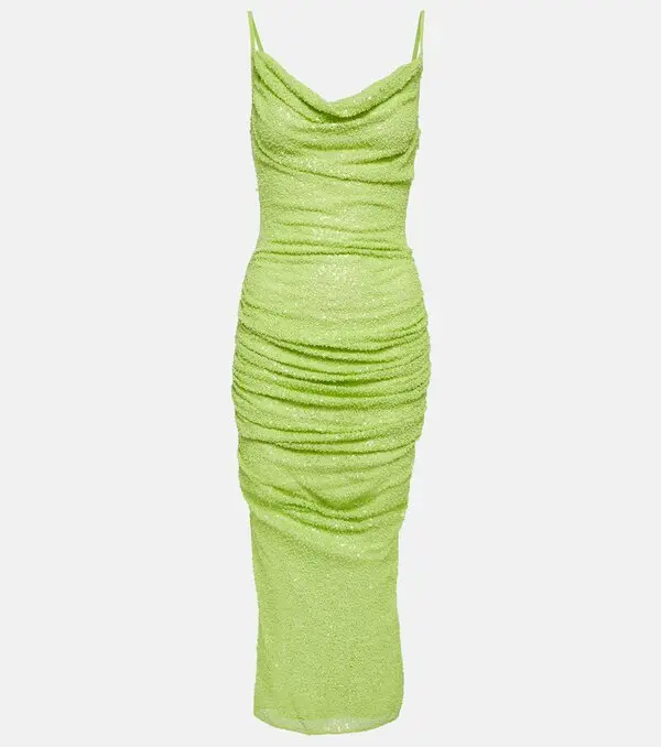 SELF-PORTRAIT Beaded Ruched Mesh Midi Dress