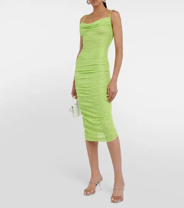 SELF-PORTRAIT Beaded Ruched Mesh Midi Dress