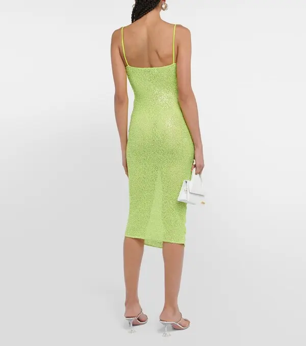 SELF-PORTRAIT Beaded Ruched Mesh Midi Dress