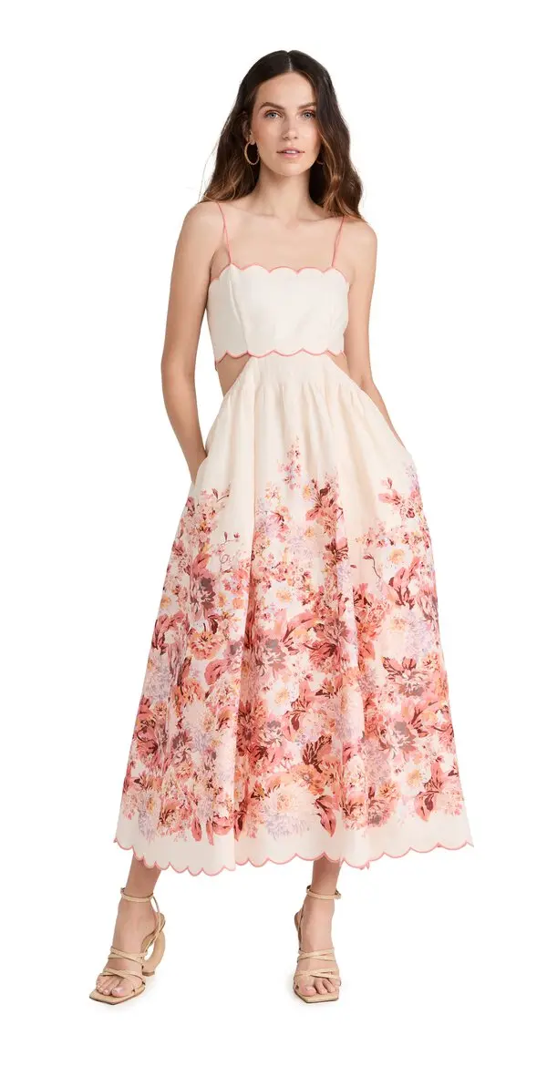 Zimmermann Devi Scallop Midi Dress In Cream Floral - 40% Off | Editorialist