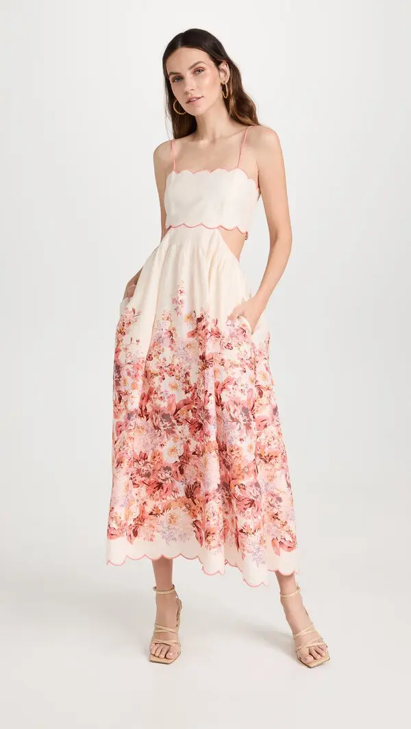 Zimmermann Devi Scallop Midi Dress In Cream Floral - 40% Off | Editorialist