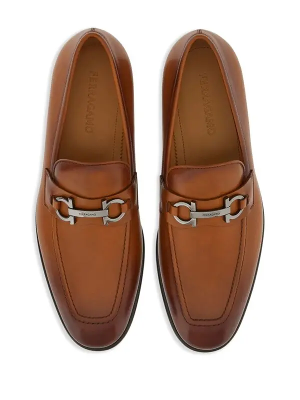 FERRAGAMO Gancini Plaque Leather Loafers - Brown