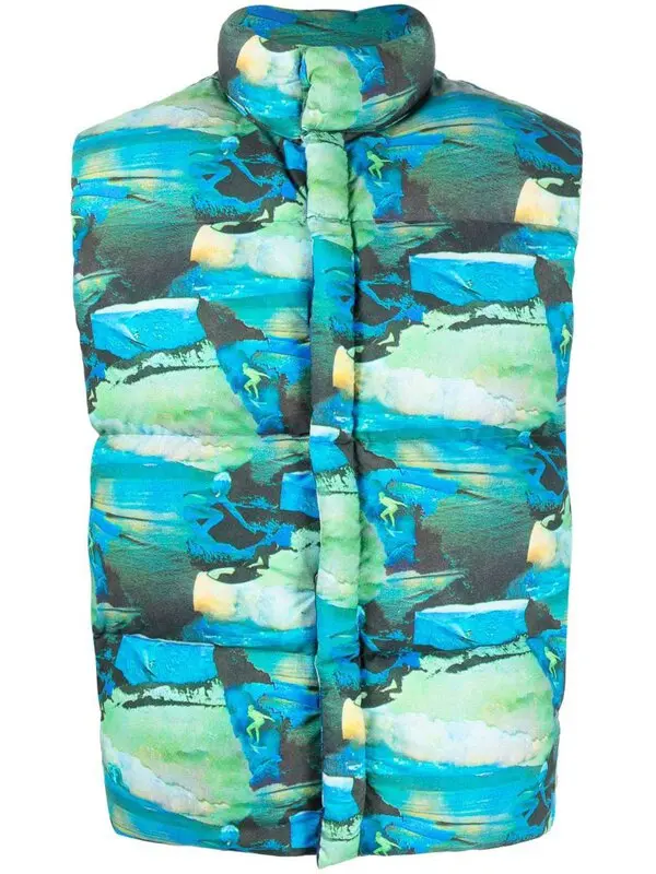ERL Printed Quilted Puffer Vest - 1 Erl Green Sunset