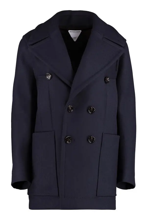 Bottega Veneta Double-Breasted Wool Coat In Blue - 33% Off