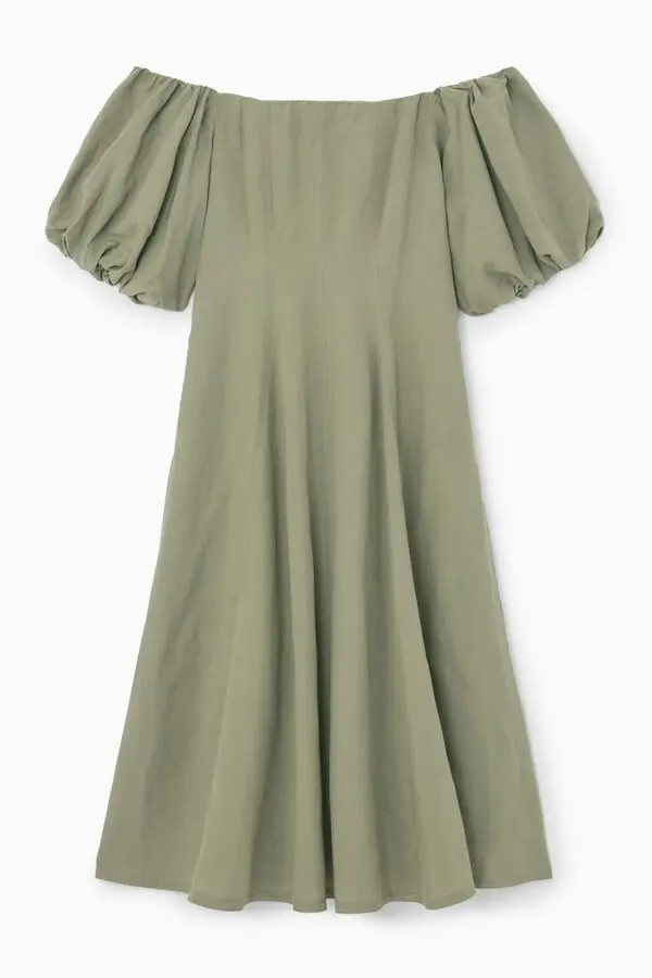 Cos Off-The-Shoulder Puff-Sleeve Midi Dress In Green - 60% Off |  Editorialist