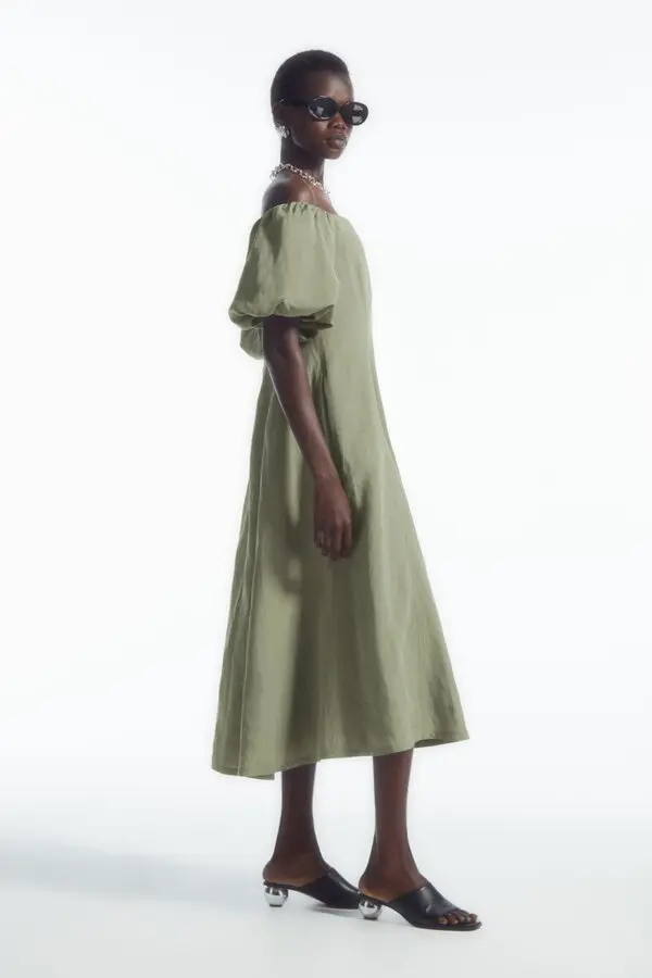 green midi dress puff sleeve Smocked Puff Sleeve Midi Dress main image 1