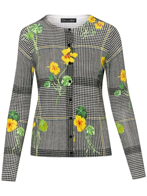 Oscar De La Renta Nasturtium Houndstooth Print Cardigan - White