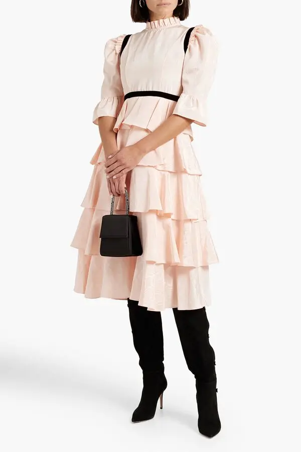 Batsheva Simone Tiered Ruffled Moire Midi Dress