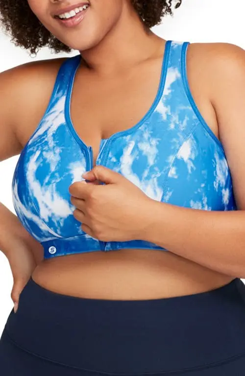 GLAMORISE Full Figure Zip-up Sports Bra - Blue Tie-dye