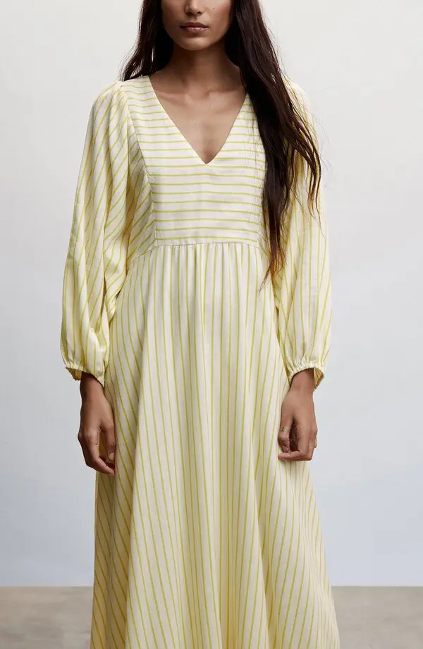 Mango Stripe Puff Sleeve Dress - Green | Editorialist