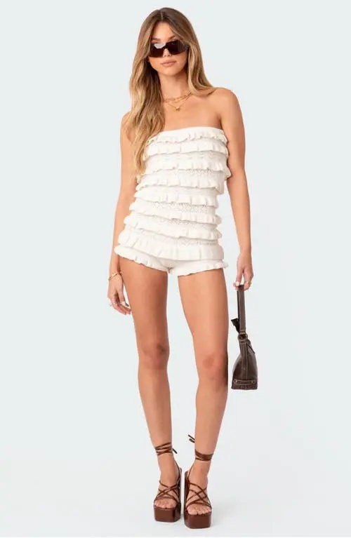 EDIKTED Robin Pointelle Ruffle Strapless Knit Romper