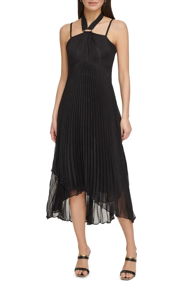 Dkny Pleated Halter Neck High-Low Dress - Black | Editorialist