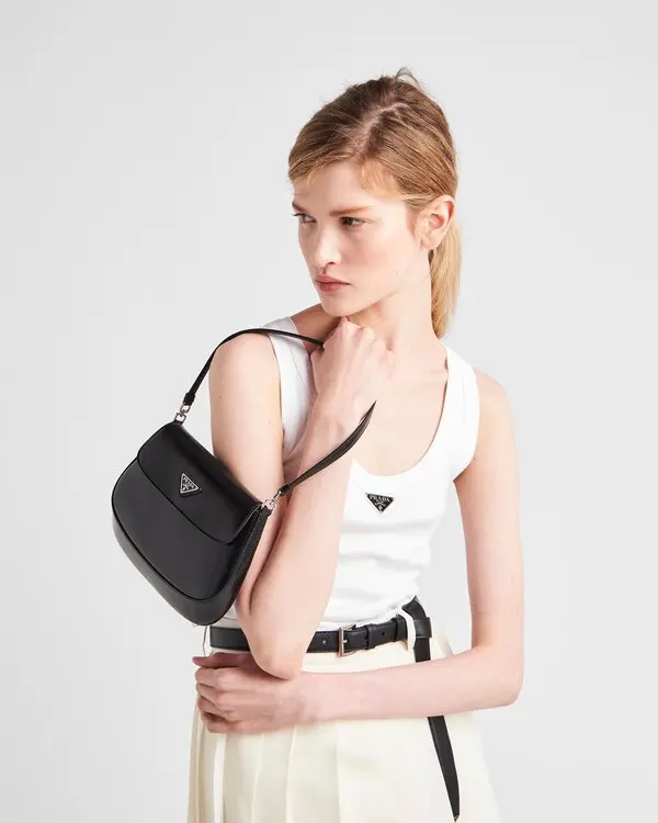 Prada Cleo Small Brushed Leather Shoulder Bag - Black