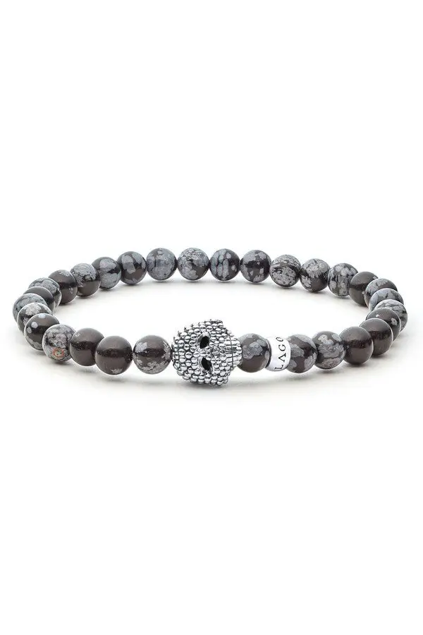 Lagos Anthem Snowflake Obsidian Skull Bead Bracelet - Silver