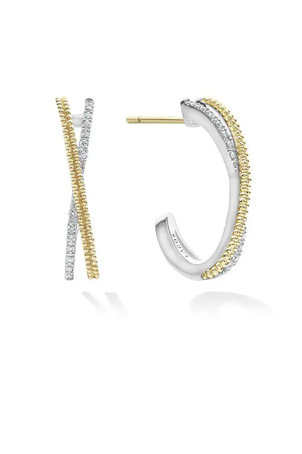 Lagos Caviar Lux Thin Two-tone Caviar X Diamond Hoop Earrings - Gold