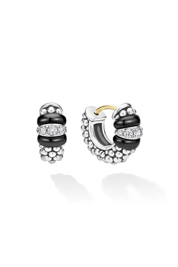 Lagos Caviar Ceramic And Diamond Huggie Earrings - Black