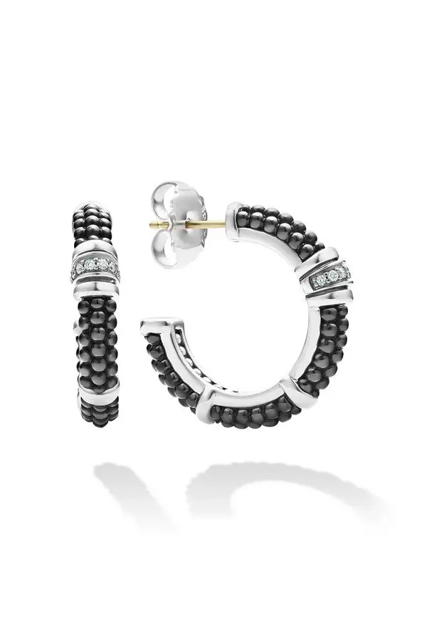 Lagos Caviar Ceramic And Diamond Hoop Earrings - Black