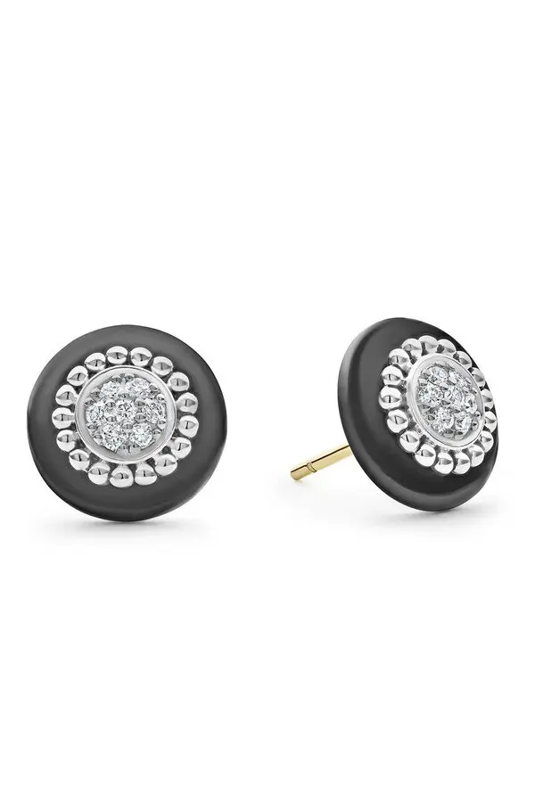 Lagos Caviar Ceramic And Diamond Stud Earrings - Black