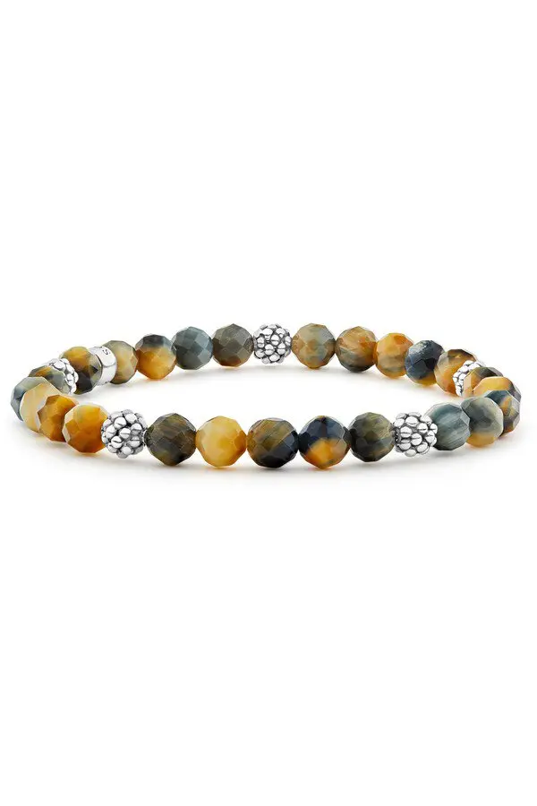 Lagos Signature Caviar Tiger Eye Bead Bracelet - Silver