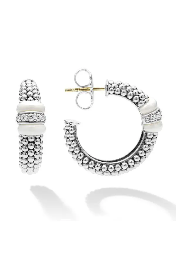 Lagos Caviar Ceramic And Diamond Hoop Earrings In Sterling - Silver