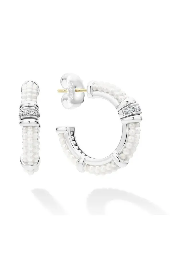 Lagos Caviar Ceramic And Diamond Hoop Earrings - White