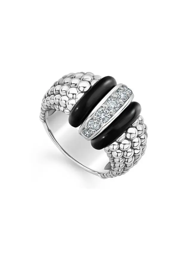 Lagos Caviar Diamond Ceramic Ring - Black