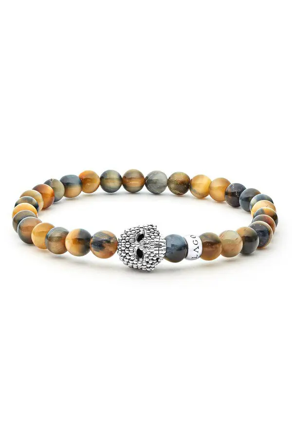 Lagos Anthem Tiger Eye Skull Bead Bracelet - Silver