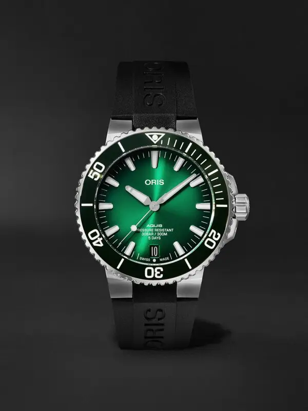 ORIS Aquis Automatic 43.5mm Stainless Steel And Rubber Watch - Green