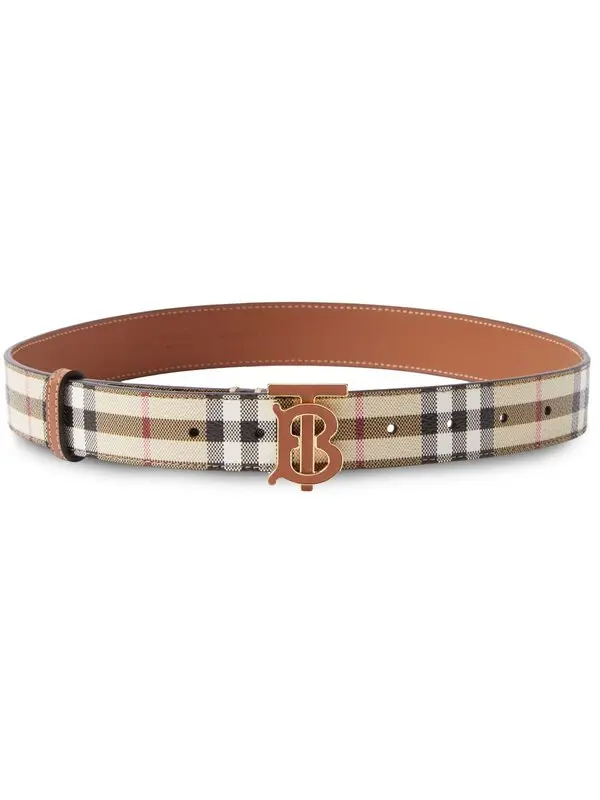 Burberry Checked Leather Belt With Monogram Plaque - Neutrals