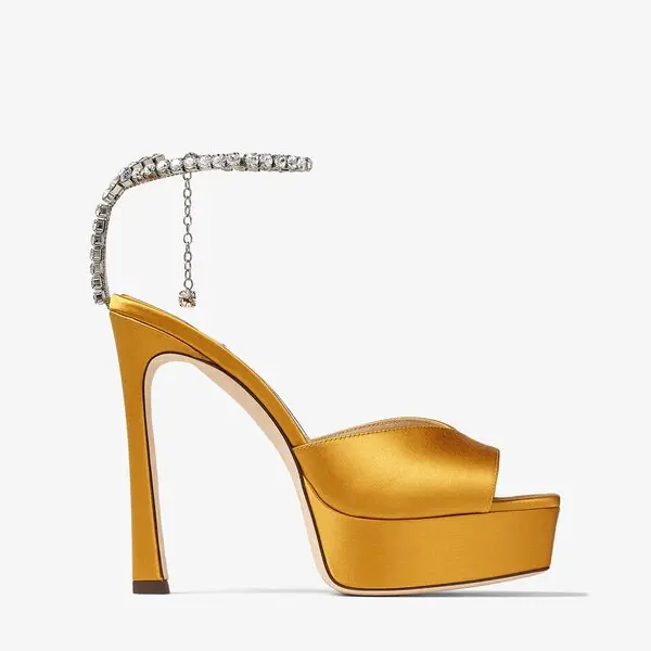 JIMMY CHOO Saeda Sandal Platform 125  Sunflower Satin Platform Sandals With Crystal Embellishment