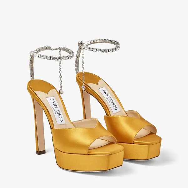 JIMMY CHOO Saeda Sandal Platform 125  Sunflower Satin Platform Sandals With Crystal Embellishment