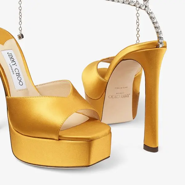 JIMMY CHOO Saeda Sandal Platform 125  Sunflower Satin Platform Sandals With Crystal Embellishment