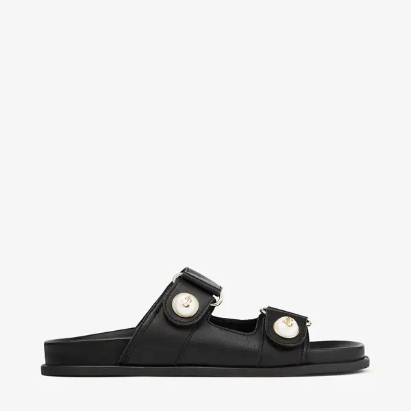 JIMMY CHOO Fayence Flat Leather Sandals With Pearl Embellishment - Black
