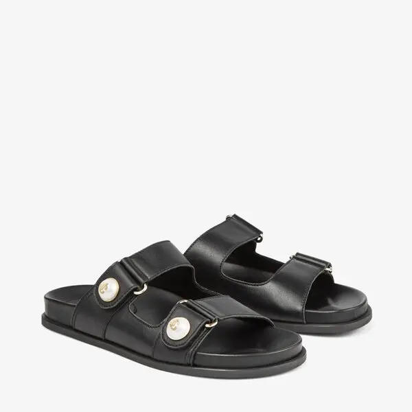 JIMMY CHOO Fayence Flat Leather Sandals With Pearl Embellishment - Black