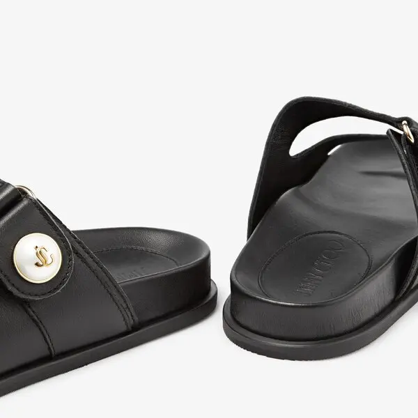 JIMMY CHOO Fayence Flat Leather Sandals With Pearl Embellishment - Black