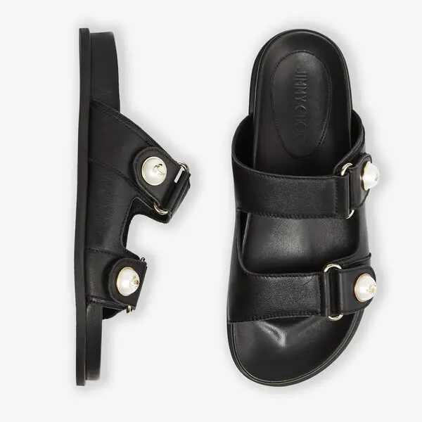 JIMMY CHOO Fayence Flat Leather Sandals With Pearl Embellishment - Black