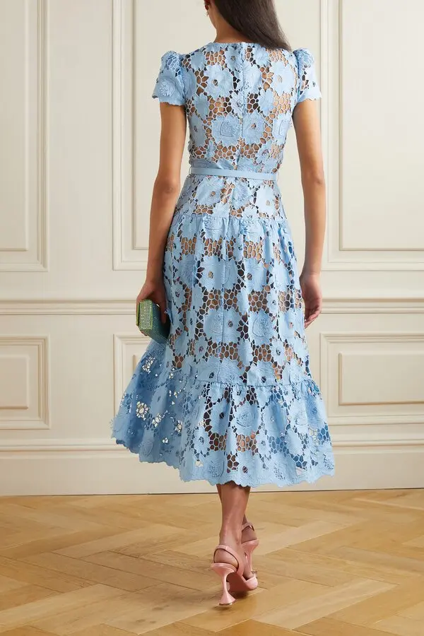 Self-Portrait Belted Cotton Guipure Lace Midi Dress In Blue - 40% Off |  Editorialist